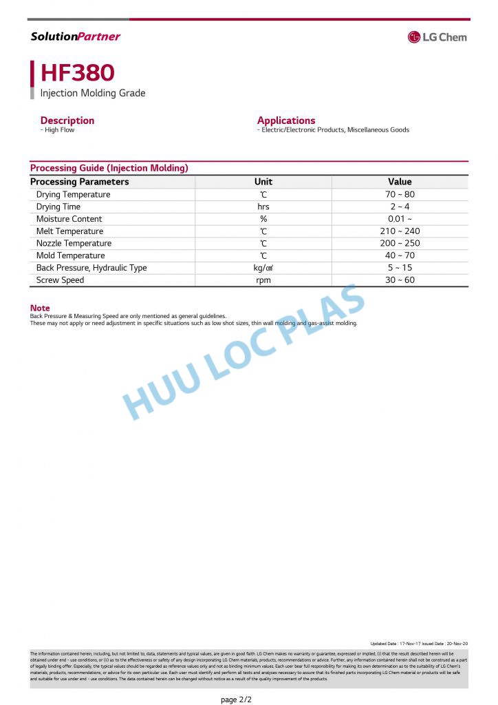 ABS DÒNG CHẢY CAO HF380 - Nhựa Hữu Lộc